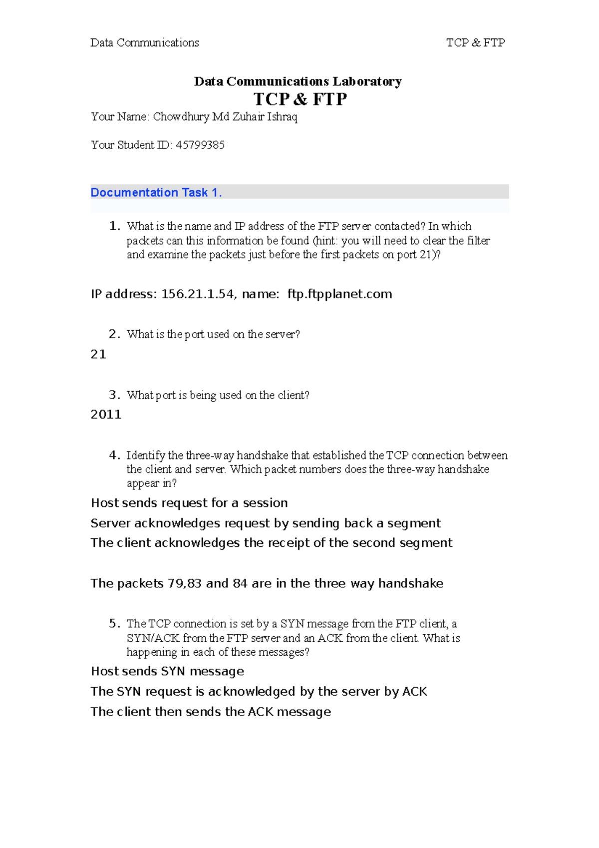 Practical Transport Layer Documentation Template Data Communications Laboratory Tcp And Ftp
