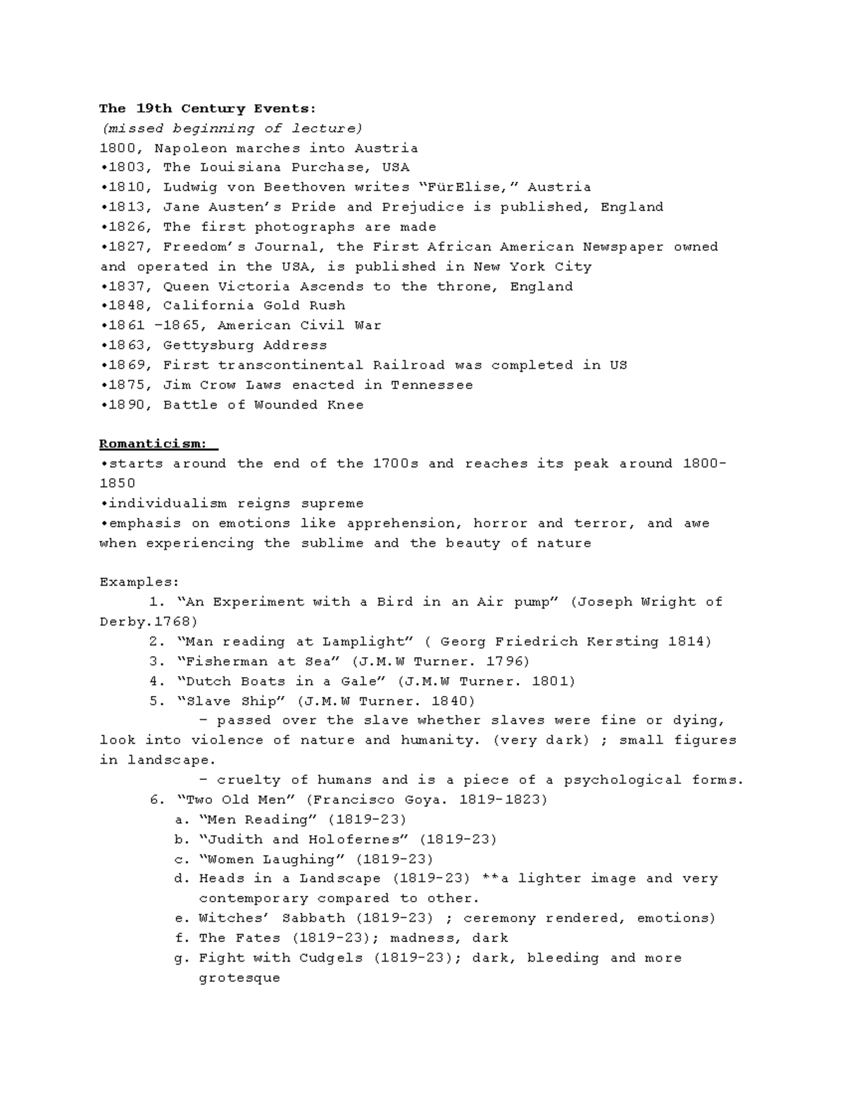 Exam 3 Notes - N/A - The 19th Century Events: (missed beginning of ...