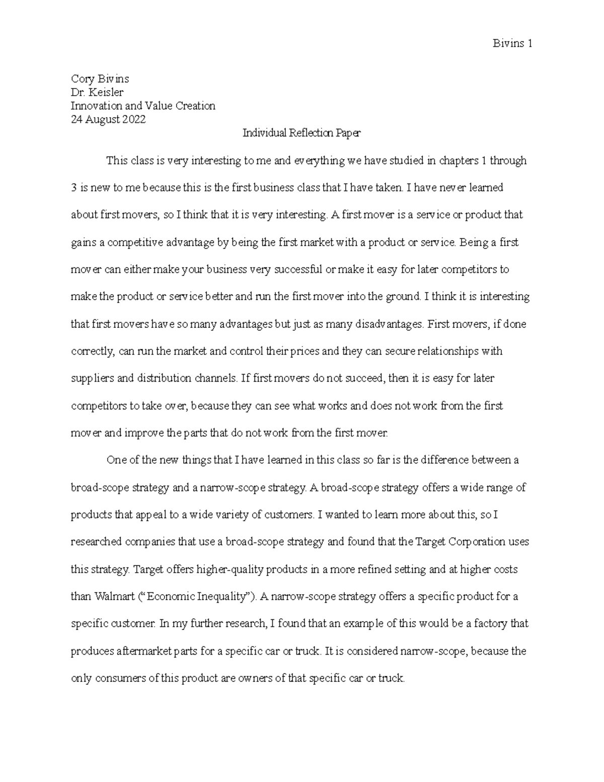 Individual Reflection Paper 1 - Bivins 1 Cory Bivins Dr. Keisler ...