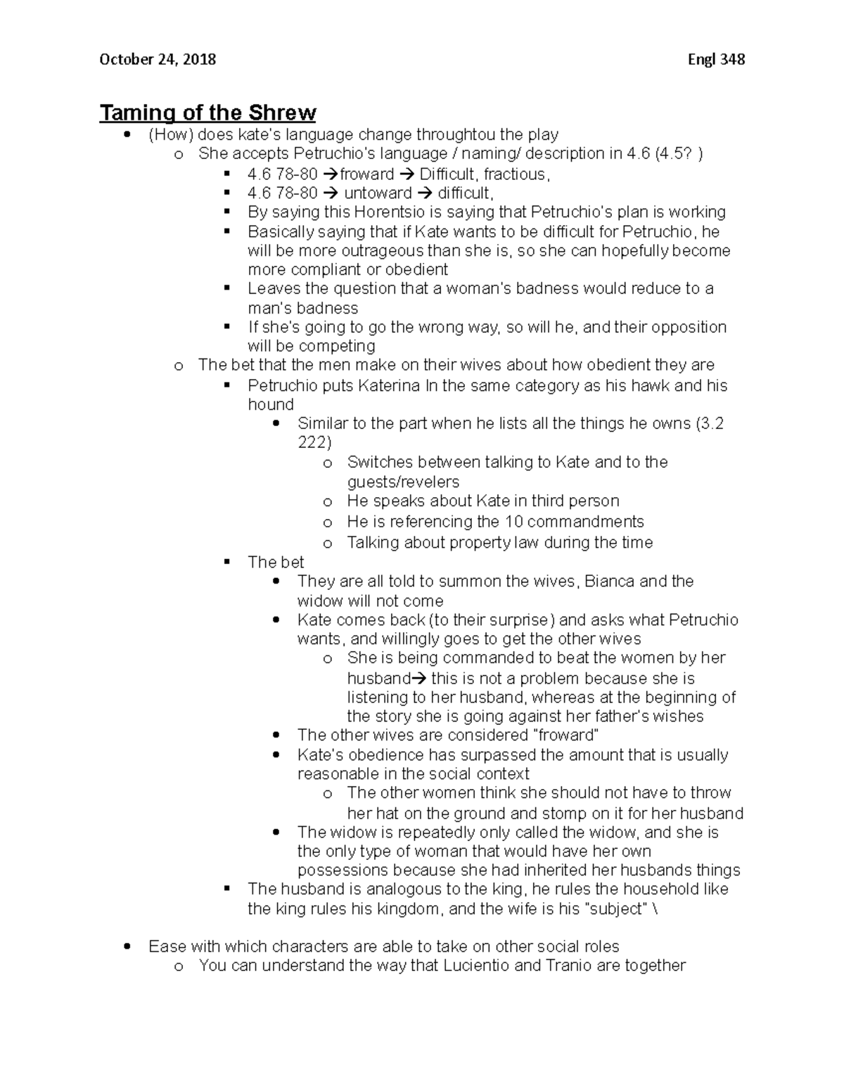 English 348 Taming of the Shrew - October 24, 2018 Engl 348 Taming of ...