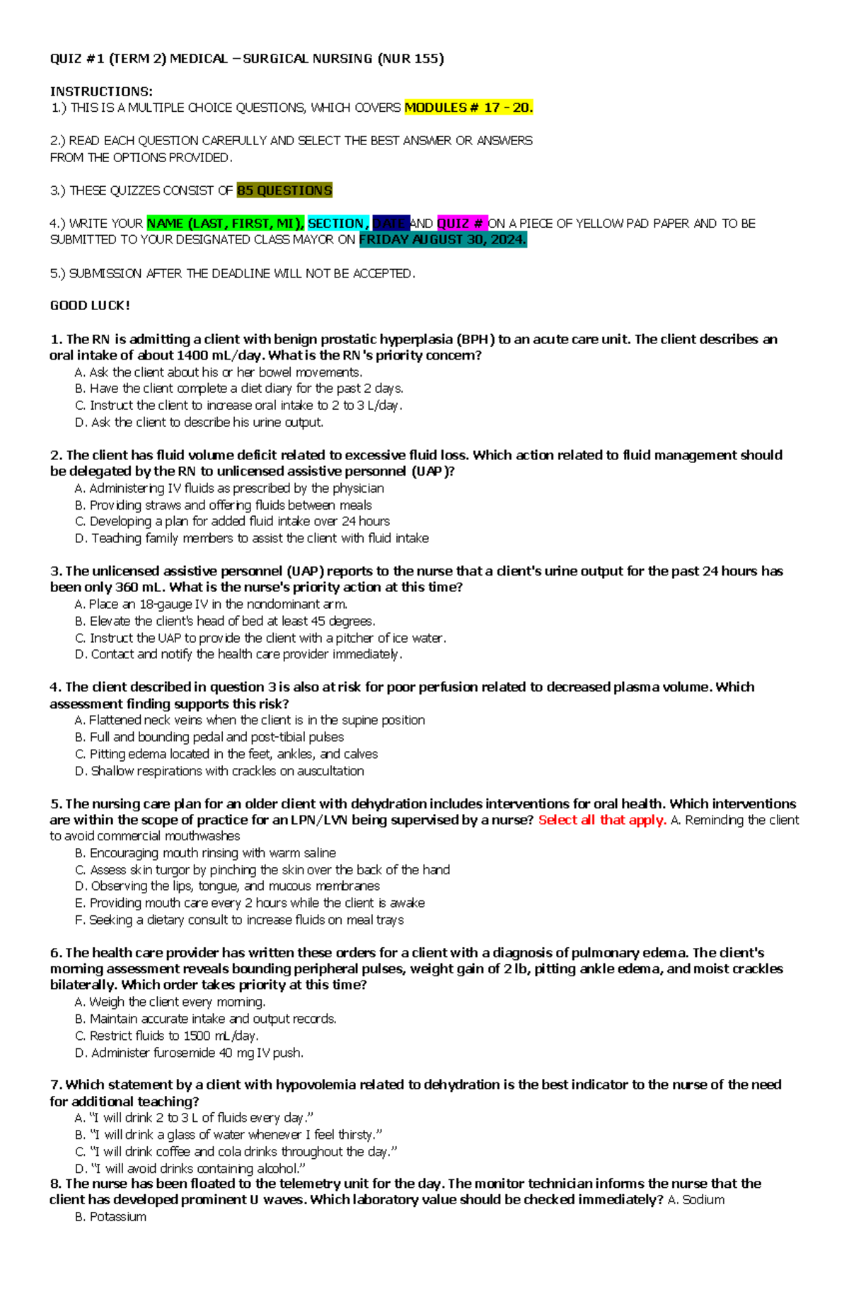 MS LEC QUIZ#1 T2 - MEDSURG PRACTICE EXAM - QUIZ #1 (TERM 2) MEDICAL ...