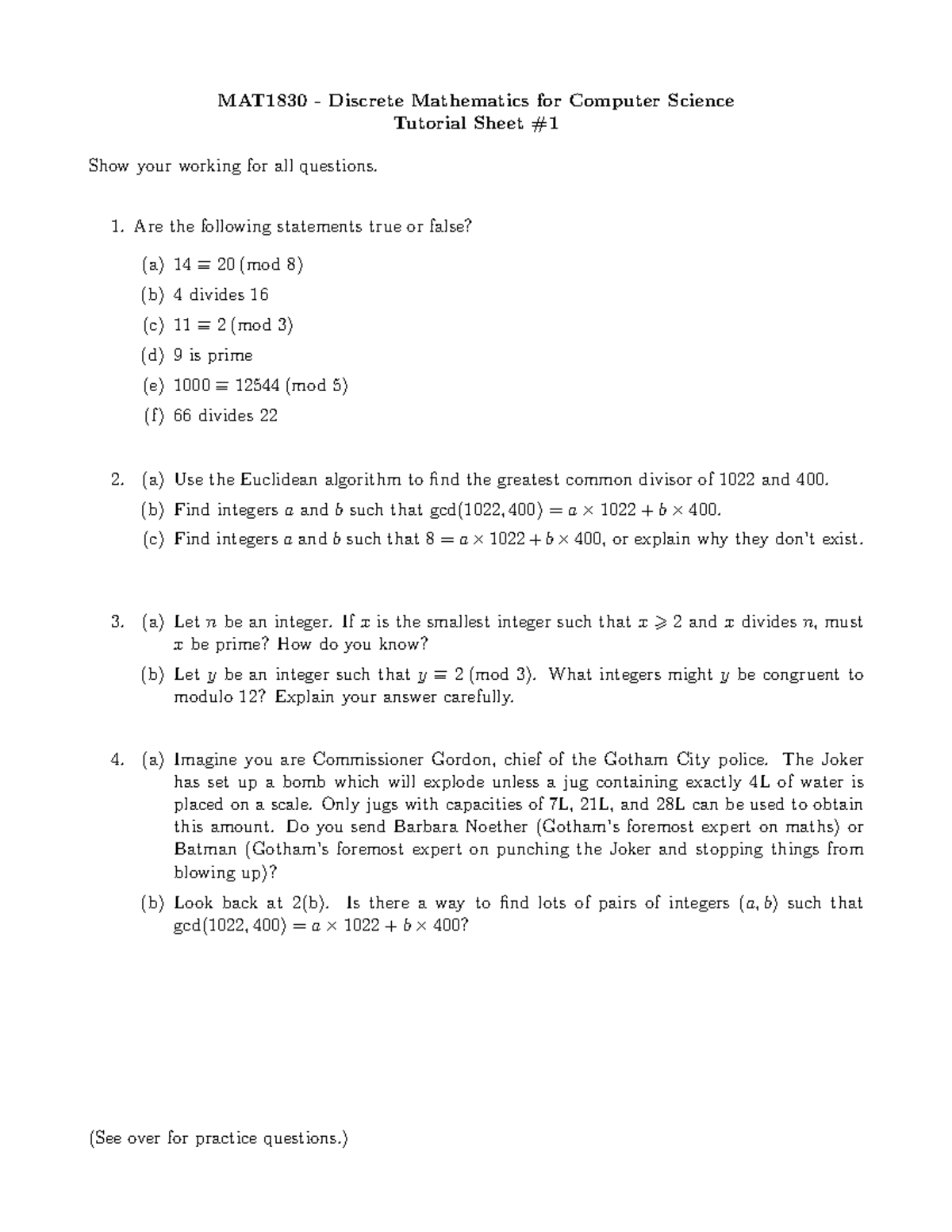 Tutorial work - 1-3 - MAT1830 - Discrete Mathematics for Computer Science Tutorial Sheet # Show ...