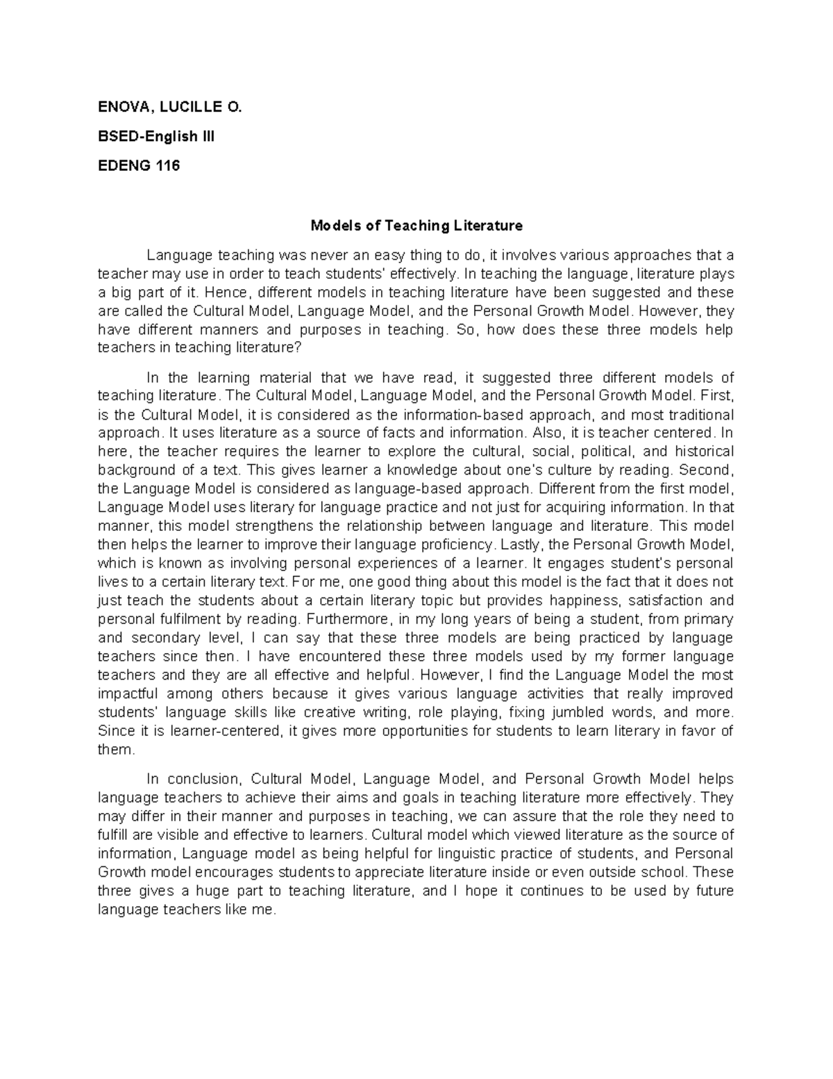 Reflective Essay Enova, Lucille O - ENOVA, LUCILLE O. BSED-English III ...
