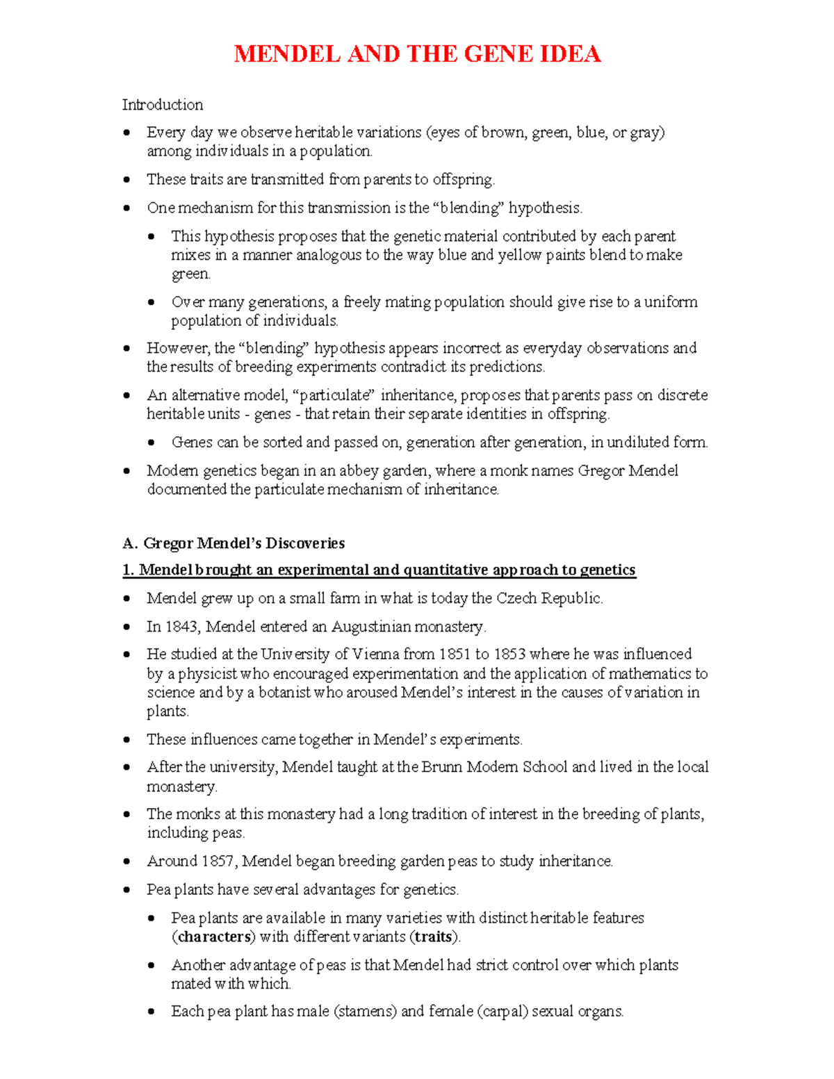 Mendel and the gene idea - MENDEL AND THE GENE IDEA Introduction Every ...