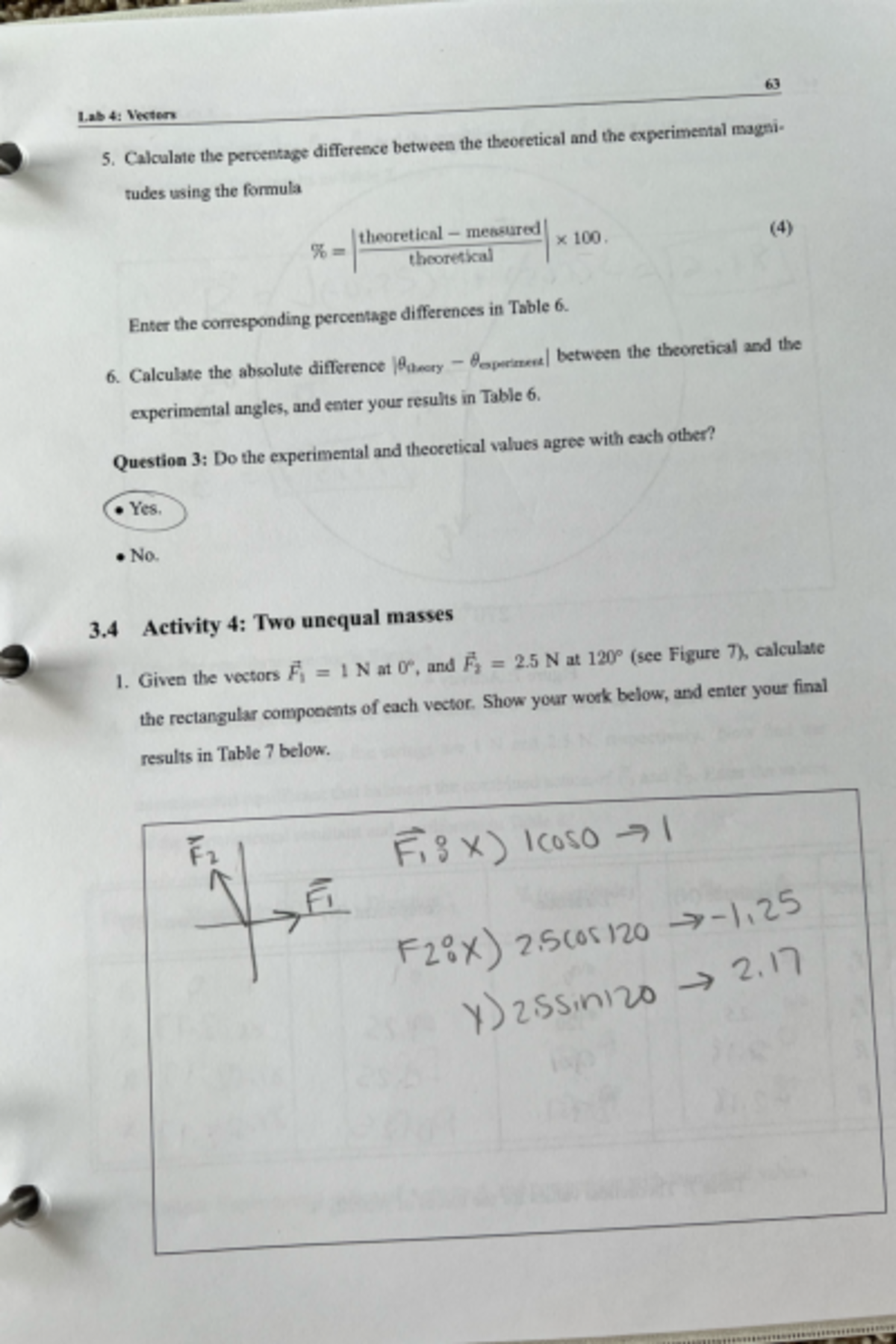 Physics 2425 Lab (part 2) - 63 Lab 4: Vectors 5. Calculate the ...