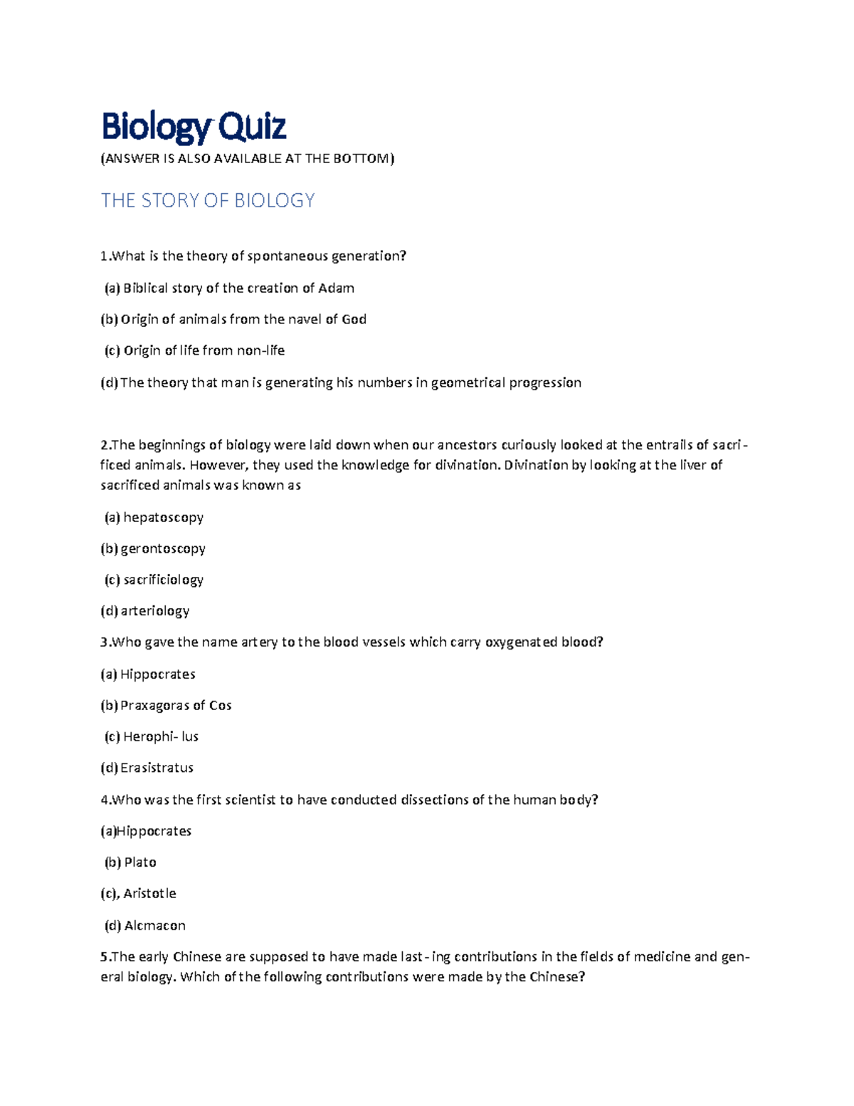 Biology Questions AND Answers - Biology Quiz (ANSWER IS ALSO AVAILABLE ...