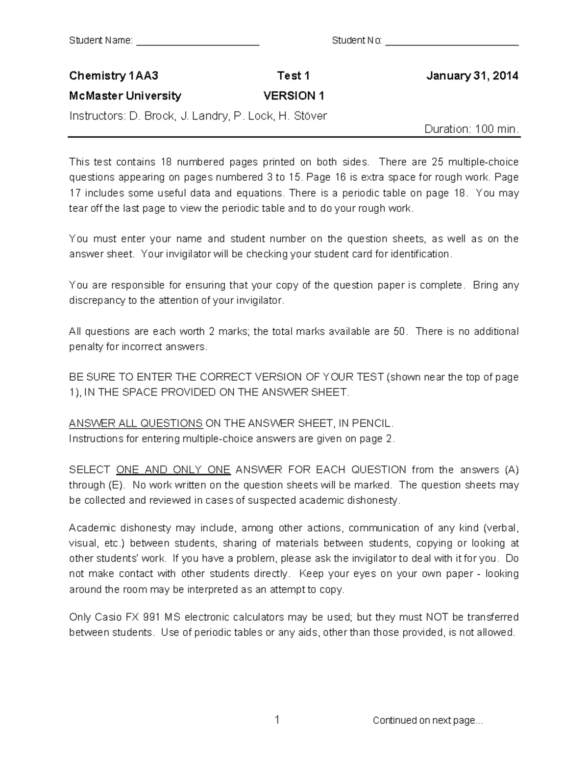 Test 1 2014 - Test 2019 3, chem bio, physics - Chemistry 1AA3 Test 1 ...