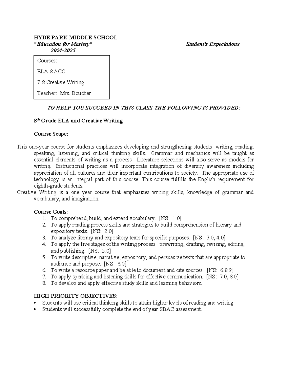 Course Expectations 24-25 - HYDE PARK MIDDLE SCHOOL "Education for ...
