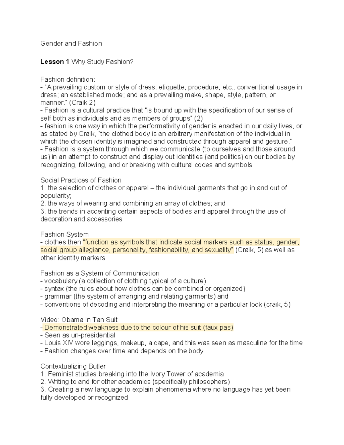 All notes - Gender and Fashion Lesson 1 Why Study Fashion? Fashion ...