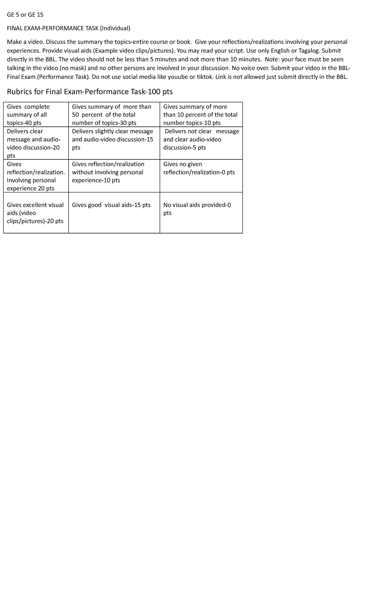 Final Task ( For final exam- Performance Task for GE 5 or GE 15) - GE 5 or GE 15 FINAL - Studocu