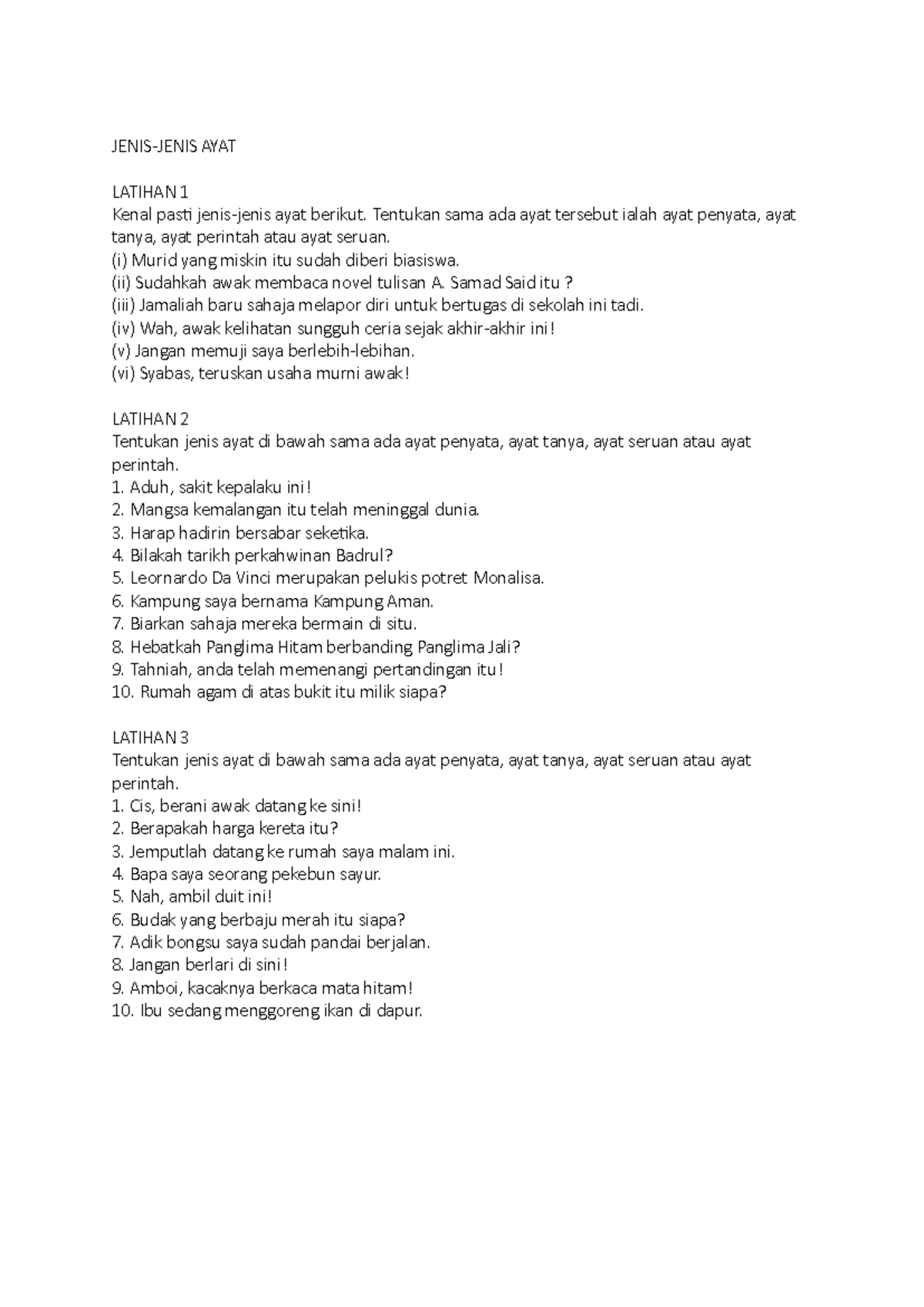 2024 Latihan Jenis AYAT - JENIS-JENIS AYAT LATIHAN 1 Kenal pas5 jenis ...