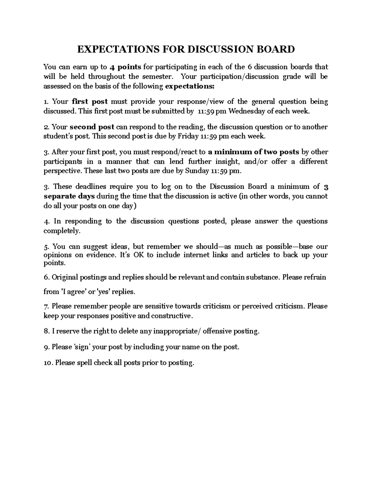 Expectations for Discussion Board - EXPECTATIONS FOR DISCUSSION BOARD ...