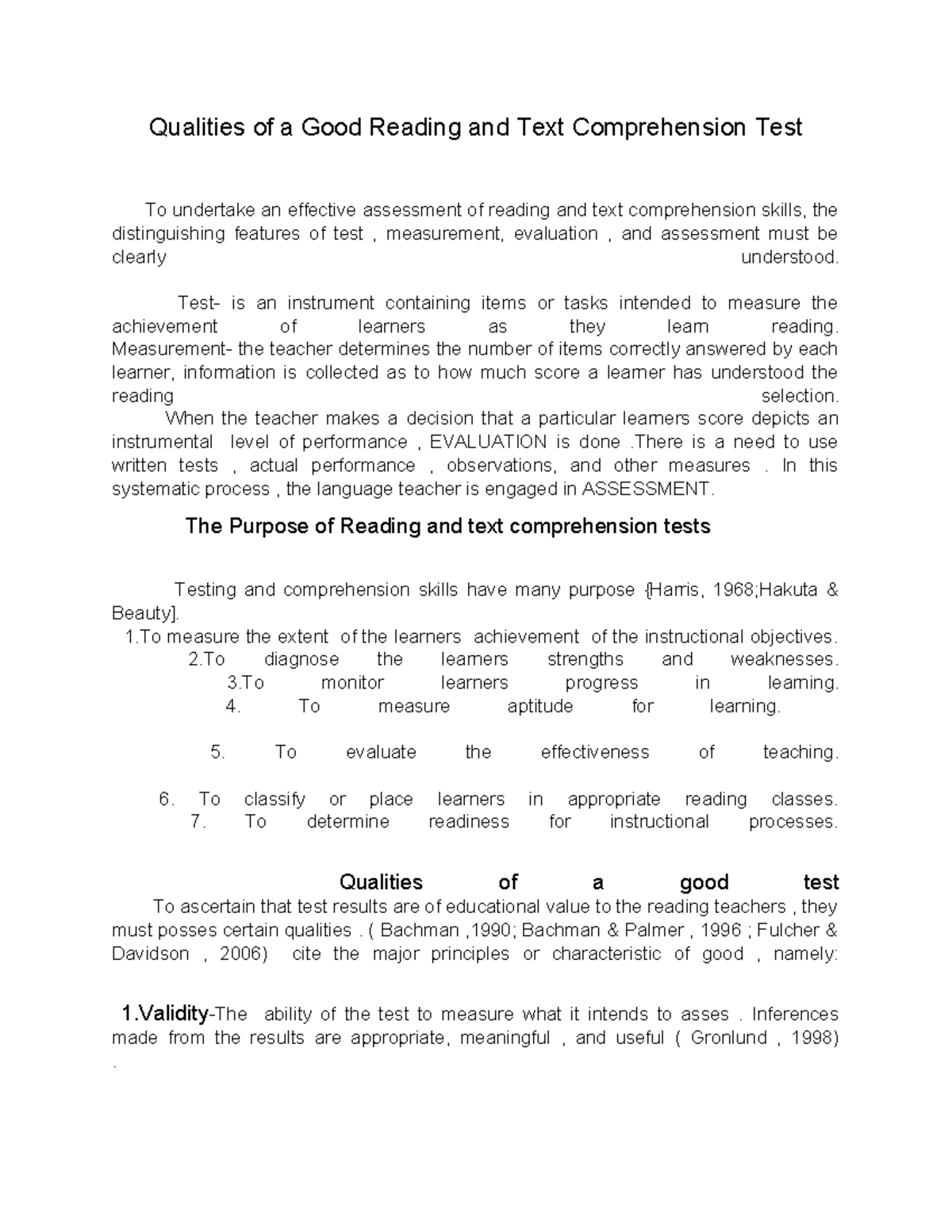 Summary - Qualities of a Good Reading and Text Comprehension Test To ...