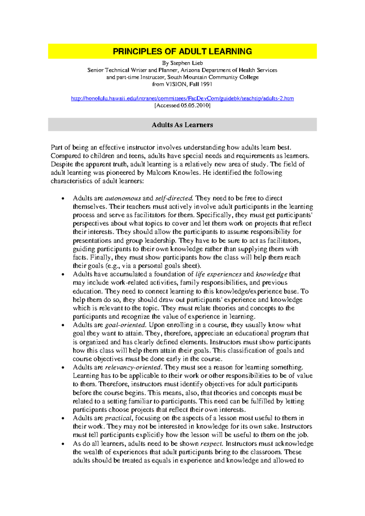 LIEB 1991 Principles of adult learning - PRINCIPLES OF ADULT LEARNING ...