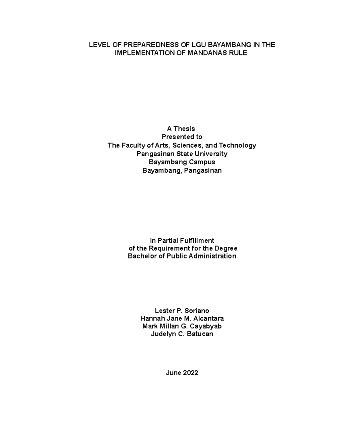 Level OF Preparedness OF LGU Bayambang IN THE Implementation OF ...
