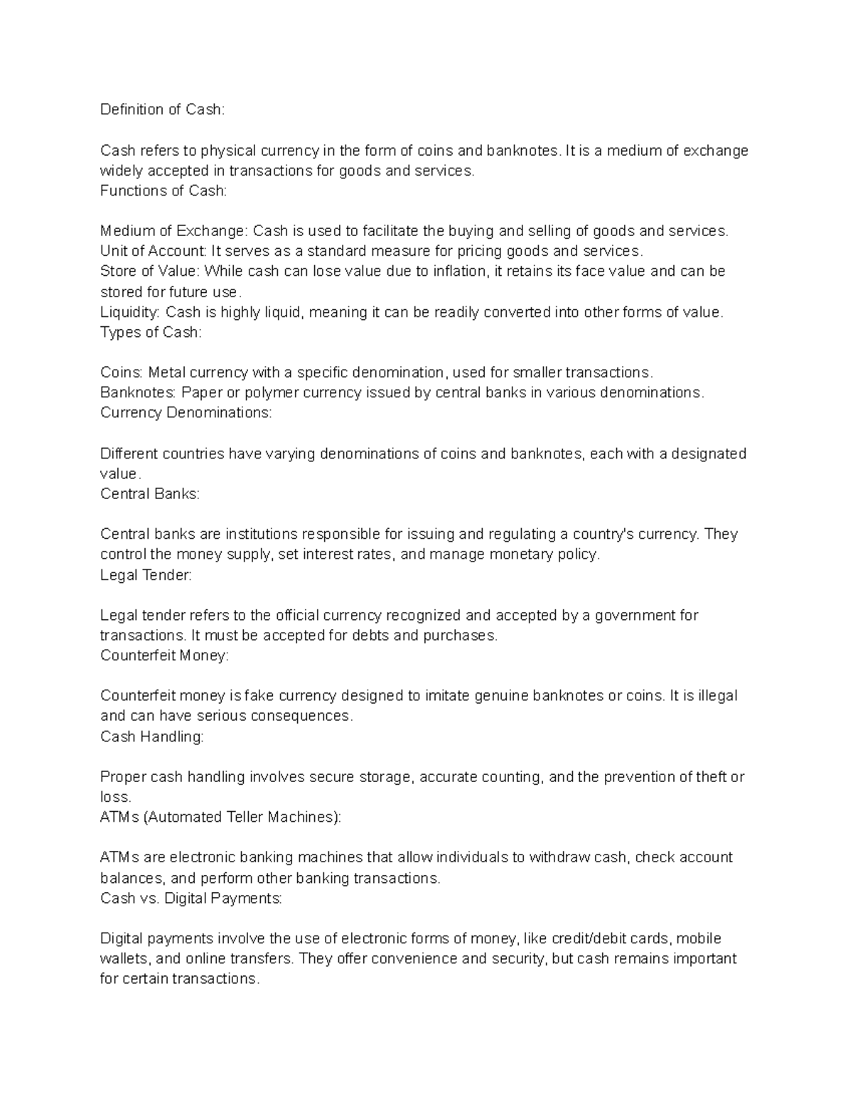 Cash - some notes about cash and finance - Definition of Cash: Cash ...