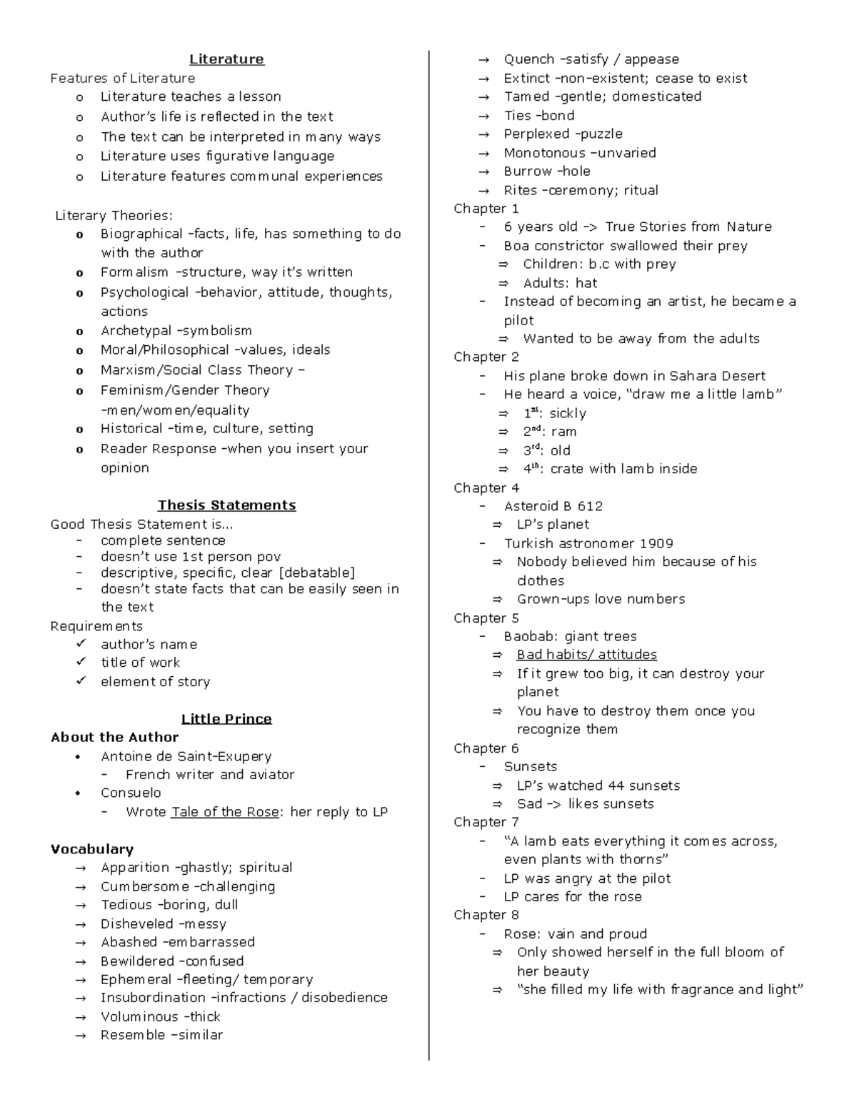 Little Prince exam - Literature Features of Literature o Literature ...