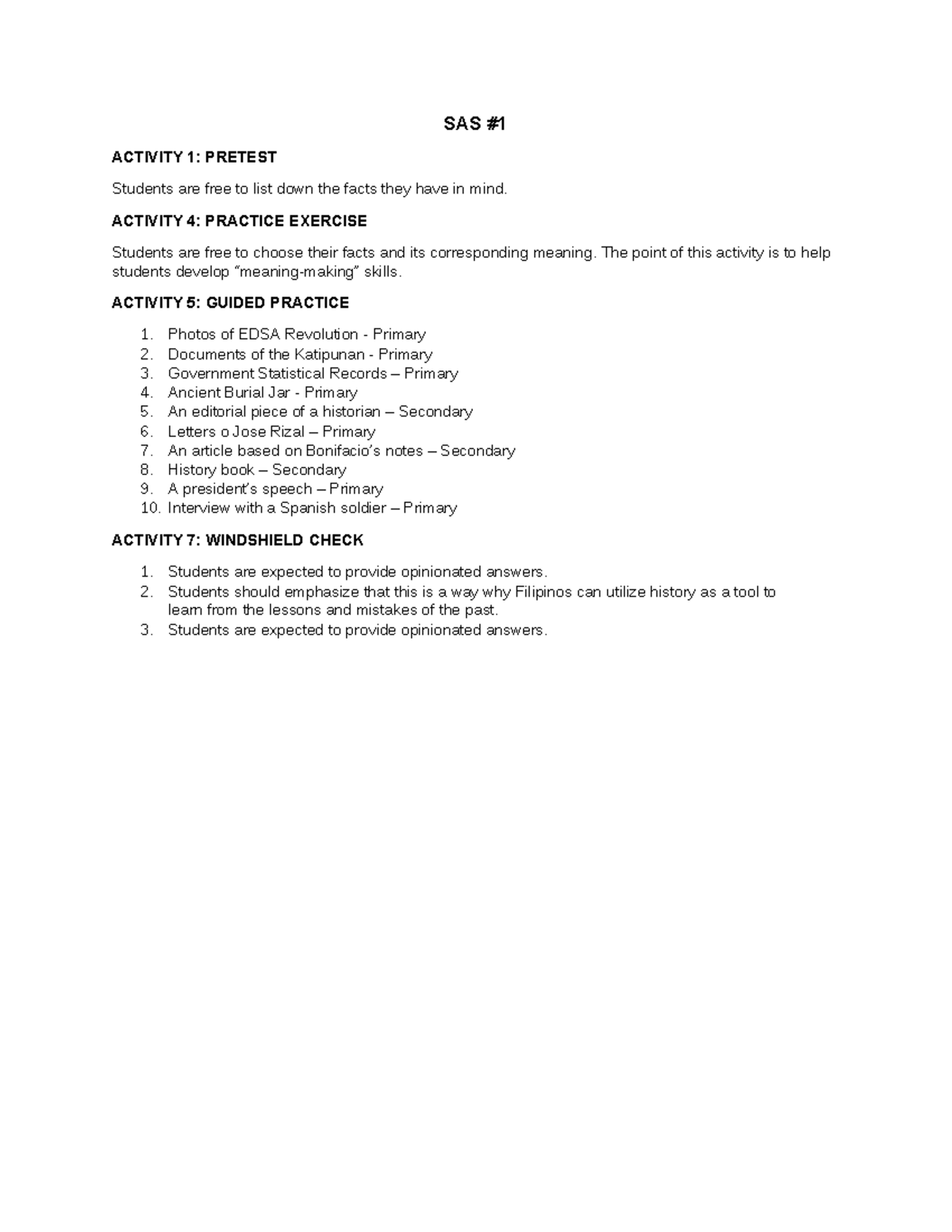 PG1 SAS Answer KEY - Know your limit - ACTIVITY 1: PRETEST Students are ...