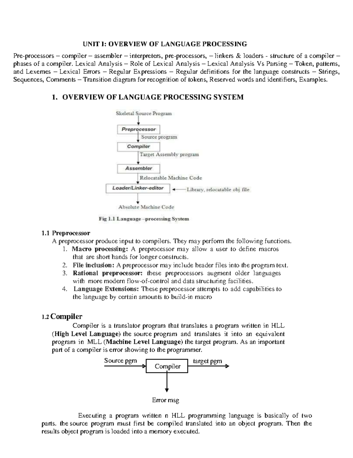 CD UNIT I - MATERIAL - UNIT I: OVERVIEW OF LANGUAGE PROCESSING Pre-processors – compiler ...