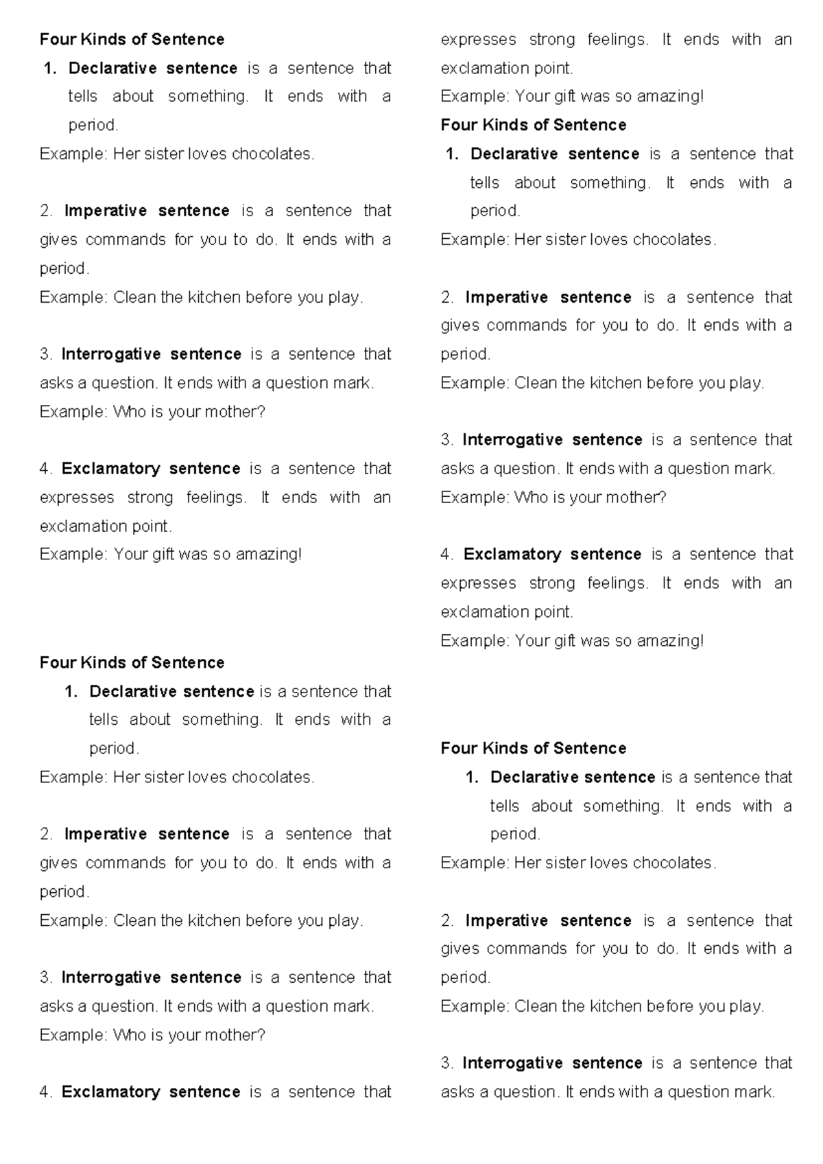 Notes Kinds of sentences - Four Kinds of Sentence 1. Declarative ...