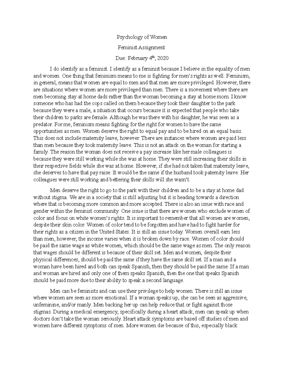 Psychology of Women Feminist Assignment - Psychology of Women Feminist ...