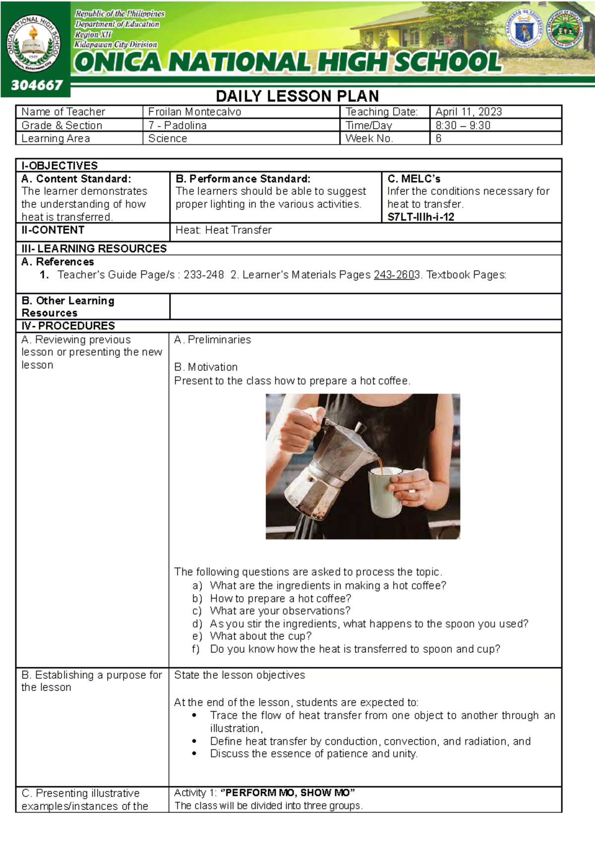 Heat transfer - Detailed Lesson Plan - DAILY LESSON PLAN Name of ...