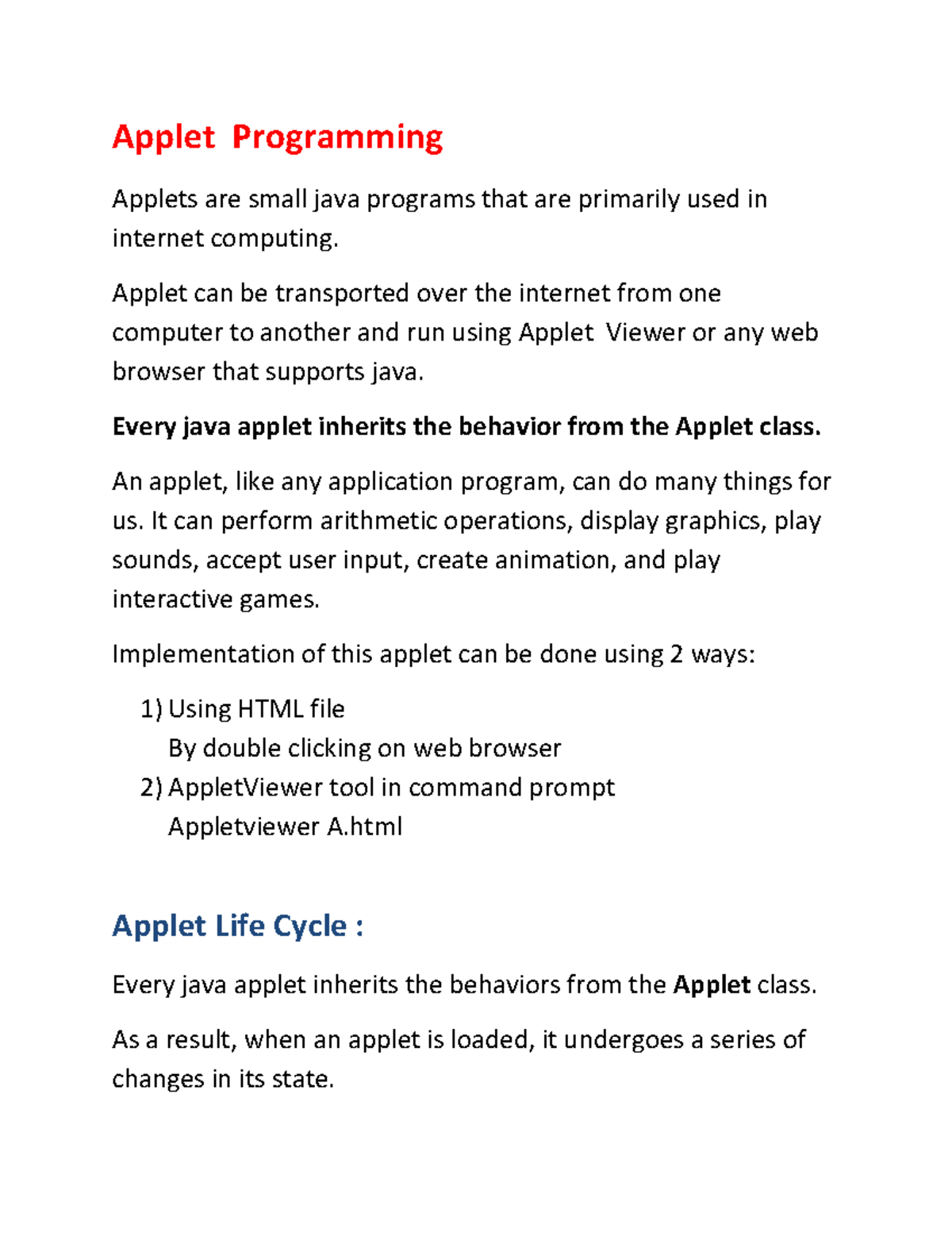 Applet Programming Applet Programming Applets Are Small Java Programs