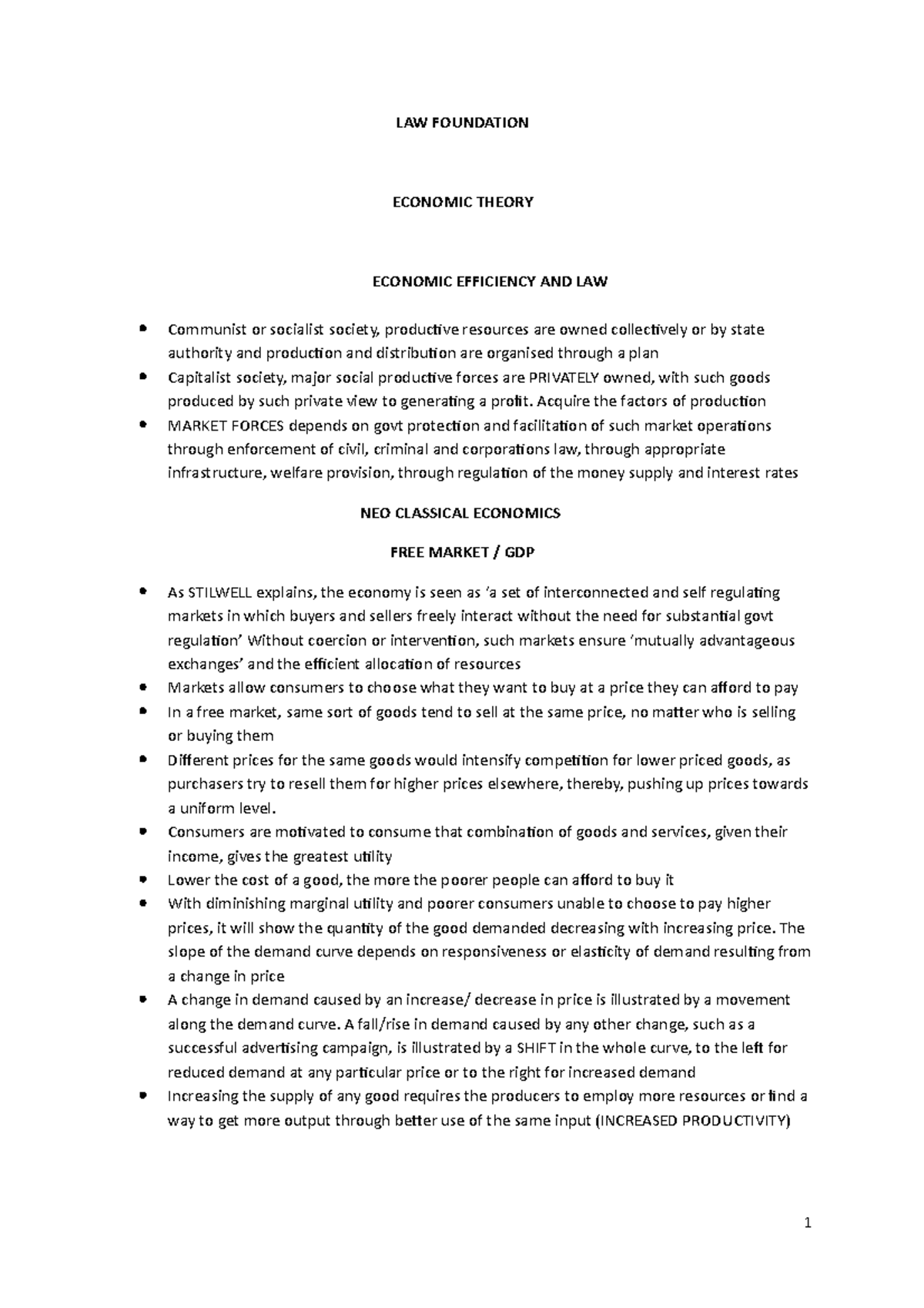 LAW Foundation final exam study notes - LAW FOUNDATION ECONOMIC THEORY ...
