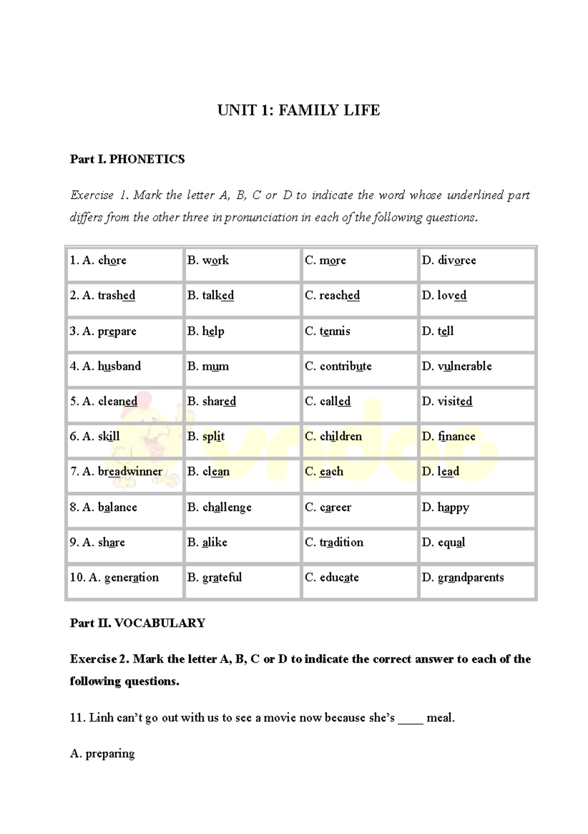 Bai tap tieng anh lop 10 thi diem unit 1 - UNIT 1: FAMILY LIFE Part I. PHONETICS Exercise 1 ...