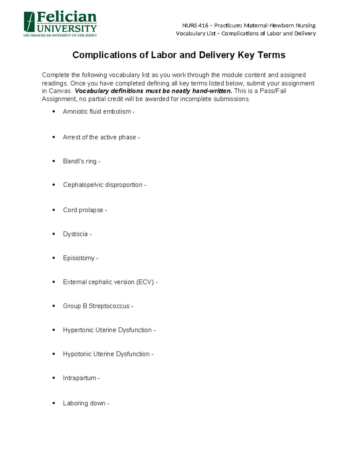 Vocab List-Complications of labor and delivery - NURS 416 – Practicum ...