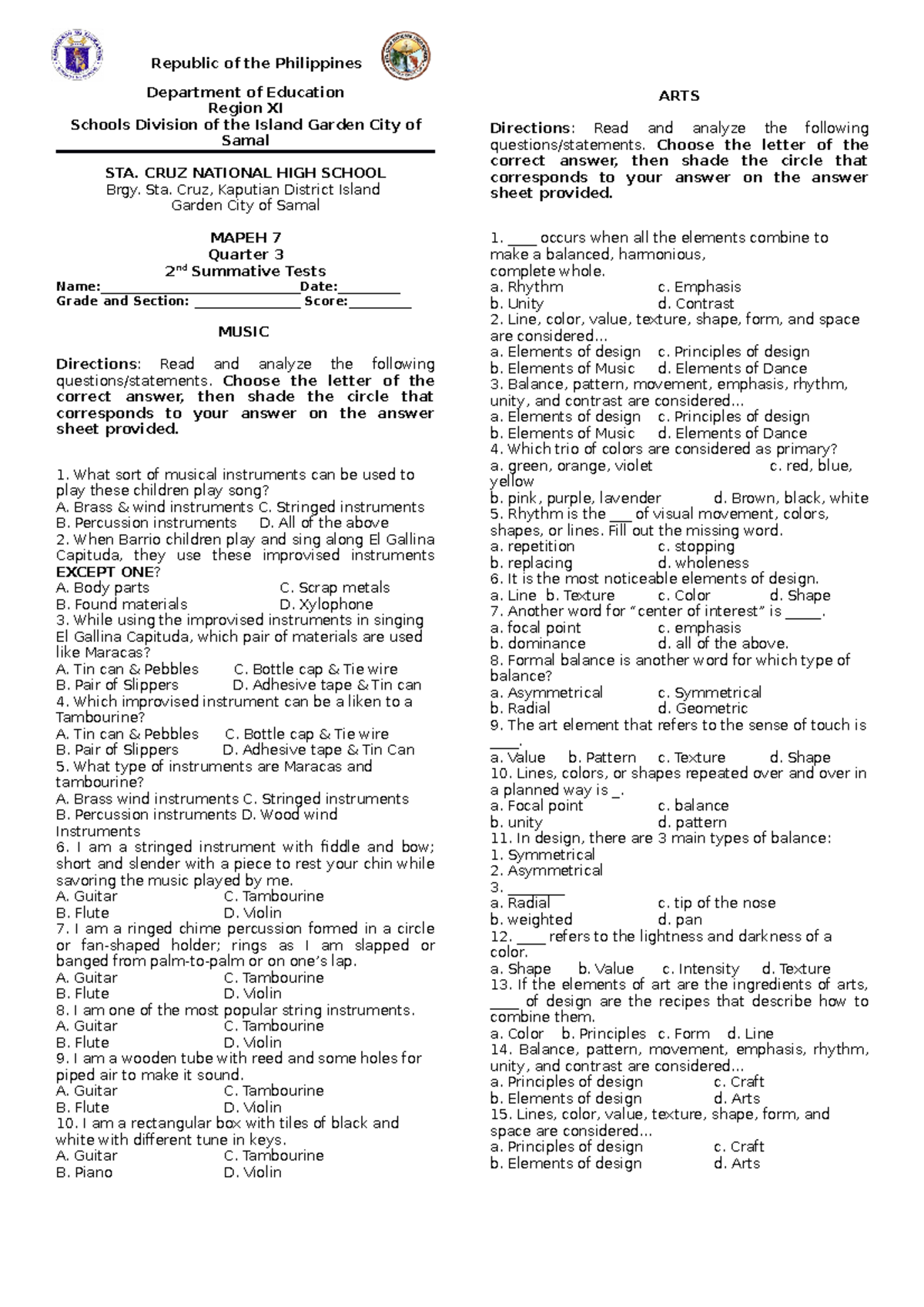 Mapeh 7-3rd Quarter 2nd Summative Test - Republic of the Philippines ...