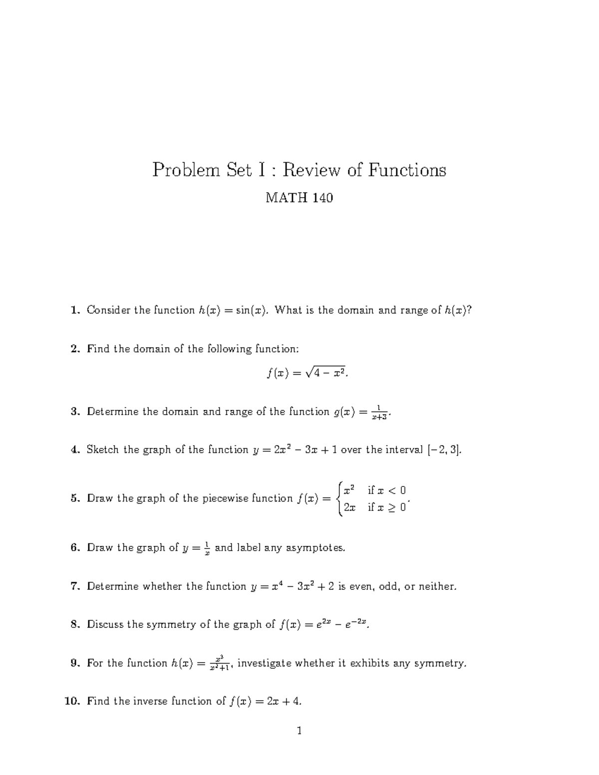 Math 140 Tutorial 1 Problems - Problem Set I : Review of Functions MATH ...