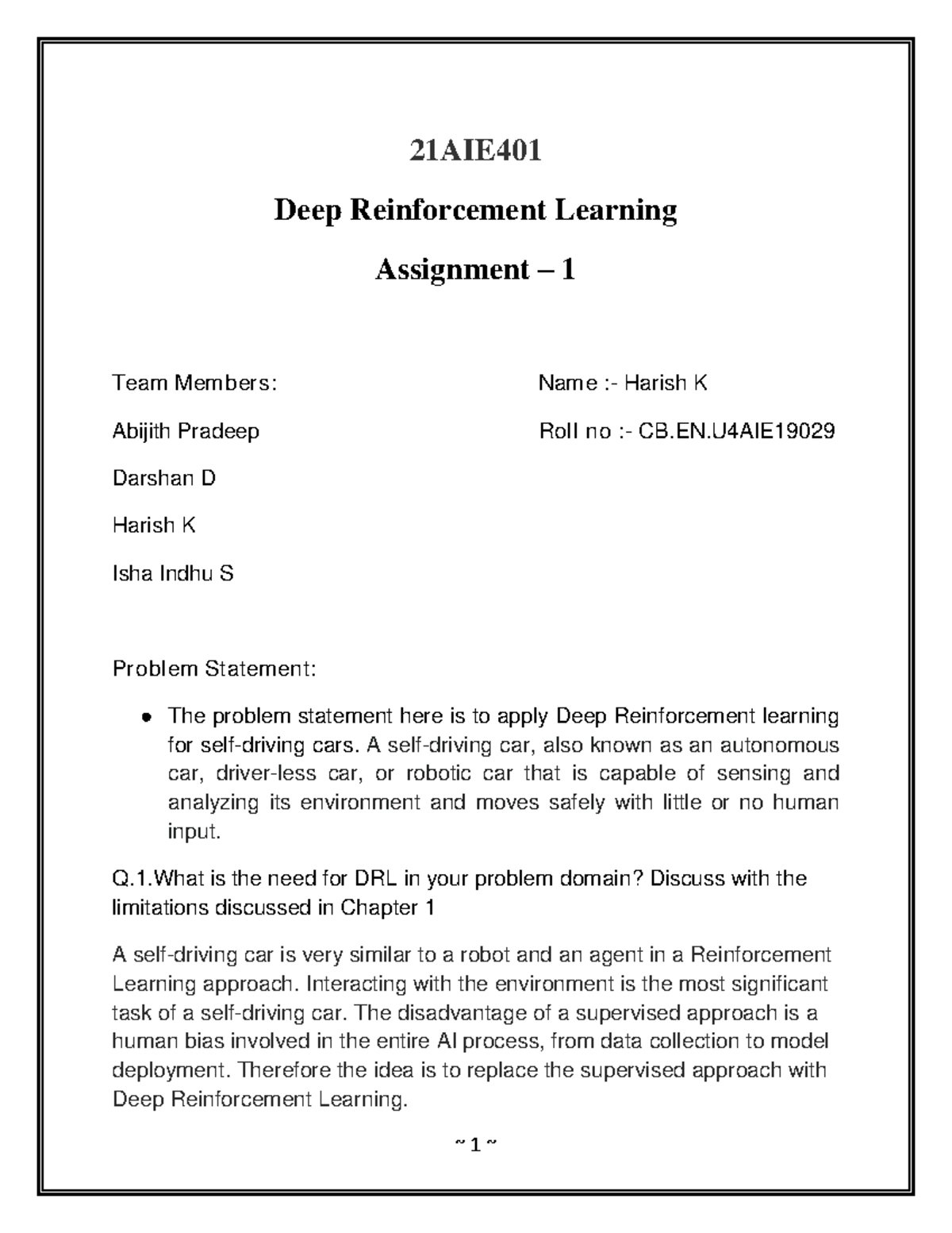Harish K CB - sowmya - 21AIE Deep Reinforcement Learning Assignment – 1 Team Members: Name ...