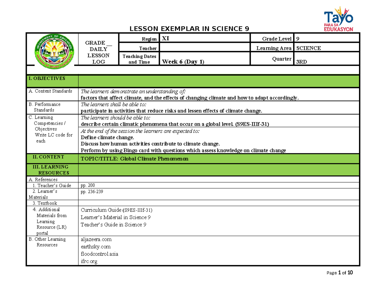 DLP Science 9 - Climate Change - LESSON EXEMPLAR IN SCIENCE 9 GRADE ...