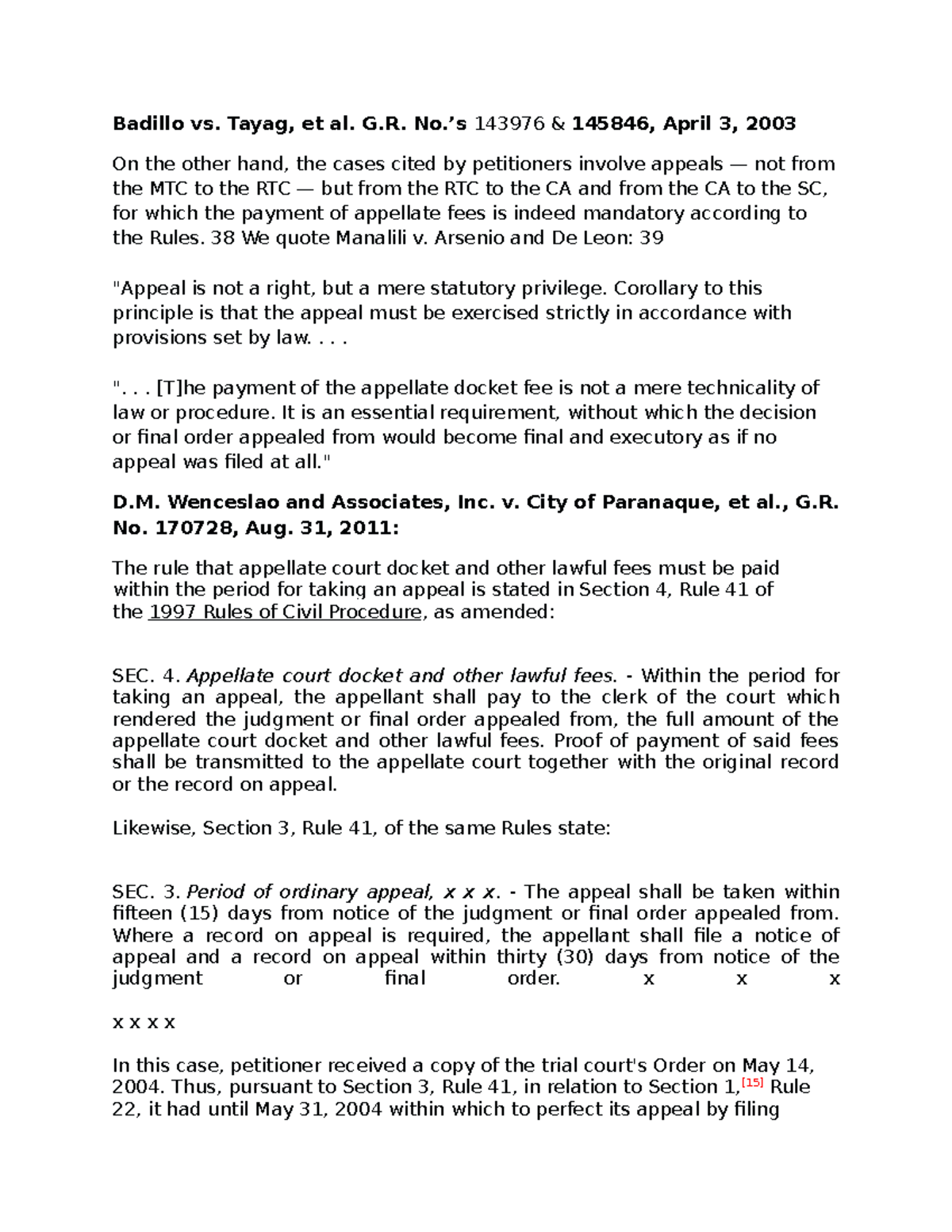 Jurisprudence on failure to pay docket fee - Badillo vs. Tayag, et al ...