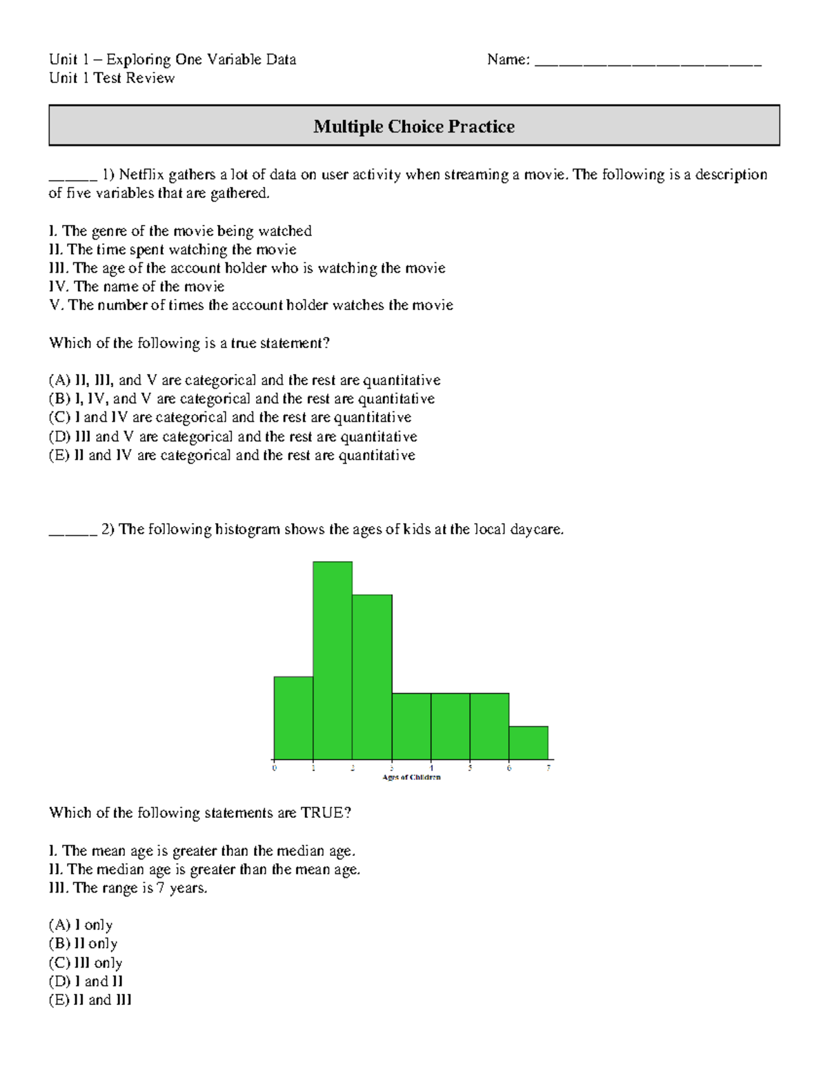 Unit 1 Test Review - practice for exam - Unit 1 – Exploring One ...