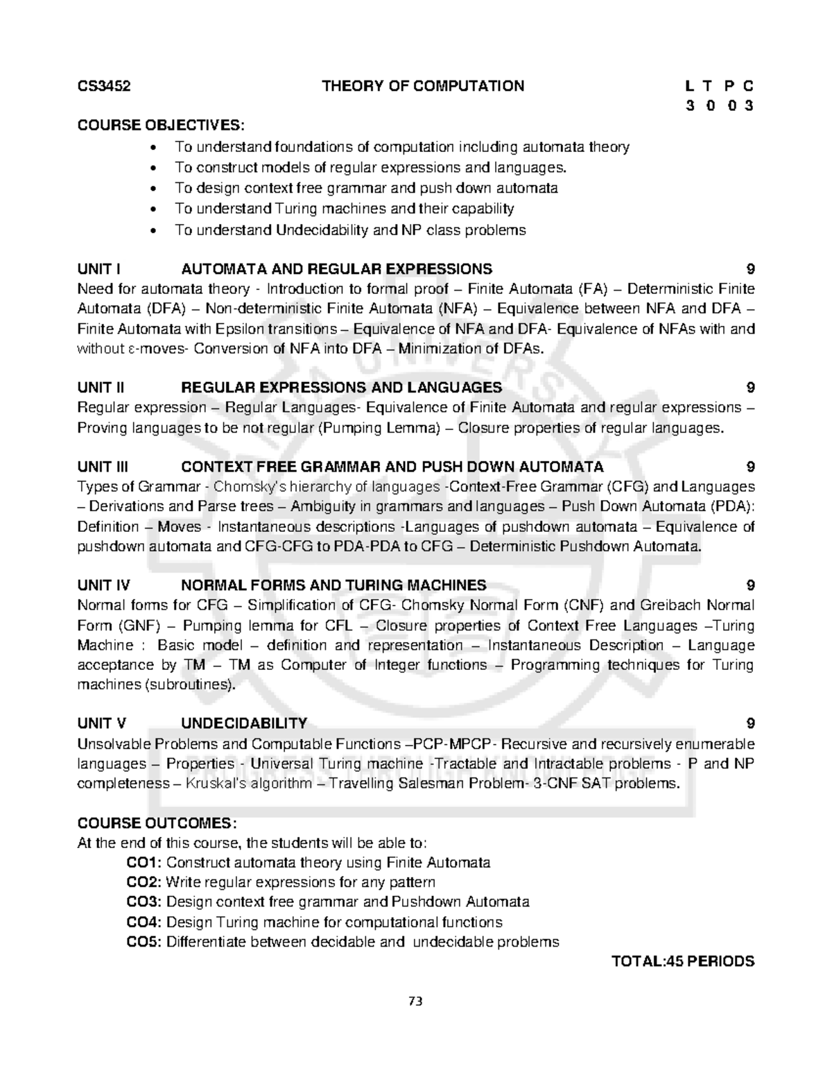 00 Syllabus Cs3452 Theory Of Computation L T P C 3 0 0 3 Course