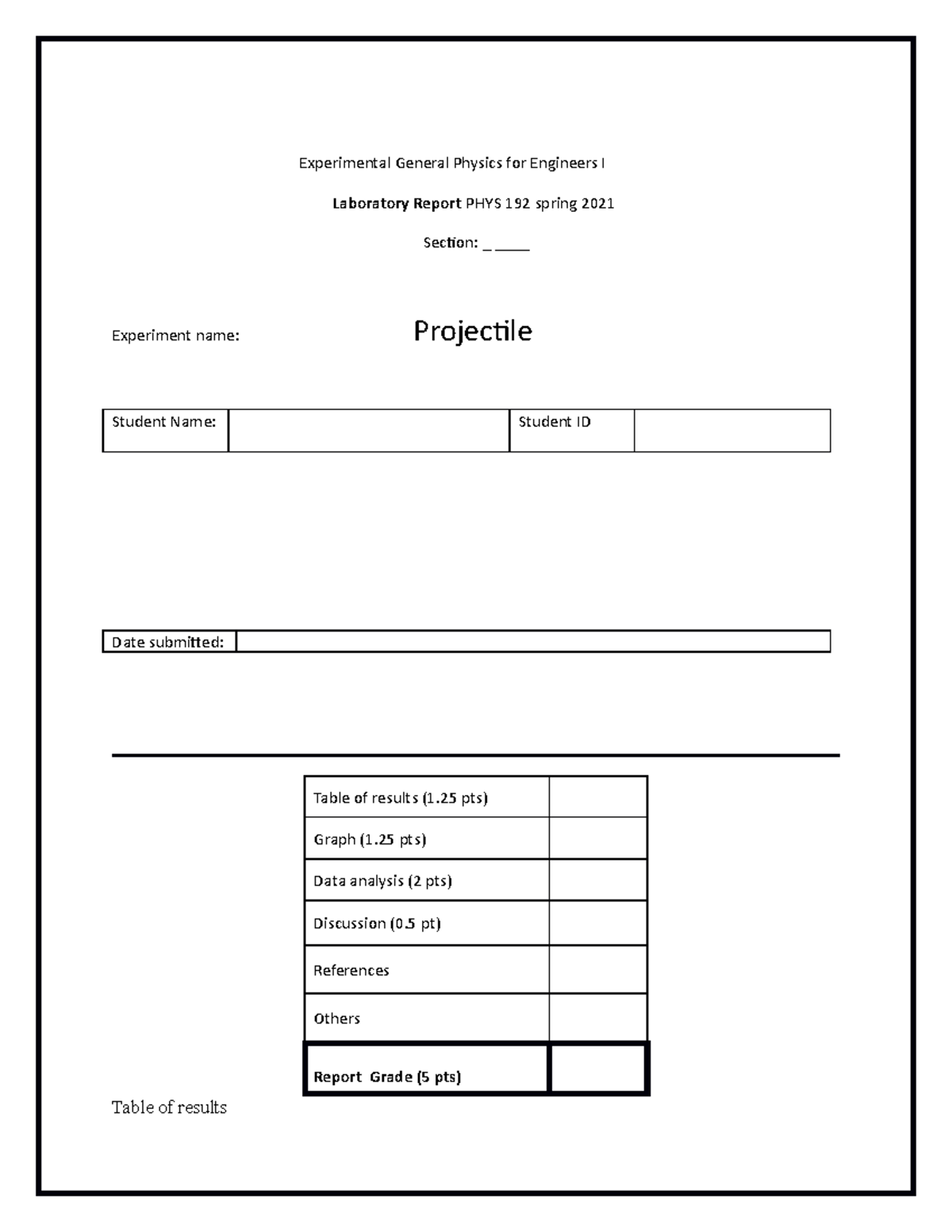 2- Projectile - PHYS 191 LAB coursework, practice materials, lecture ...