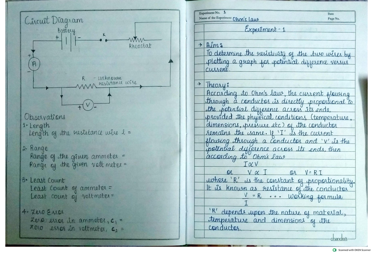 Experiment 1 to 8 physics - Experiment No. 1 Date Circuit Diagram Name of the Experiment law ...