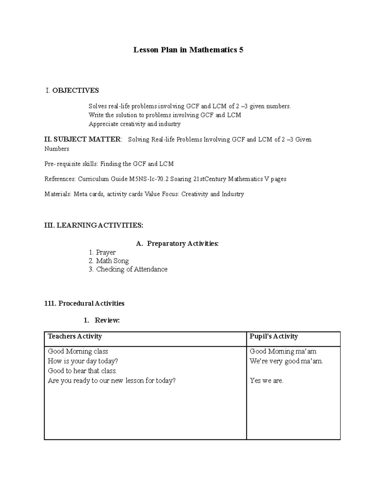 Math 5 (5th week) - lesson plan - Lesson Plan in Mathematics 5 I ...