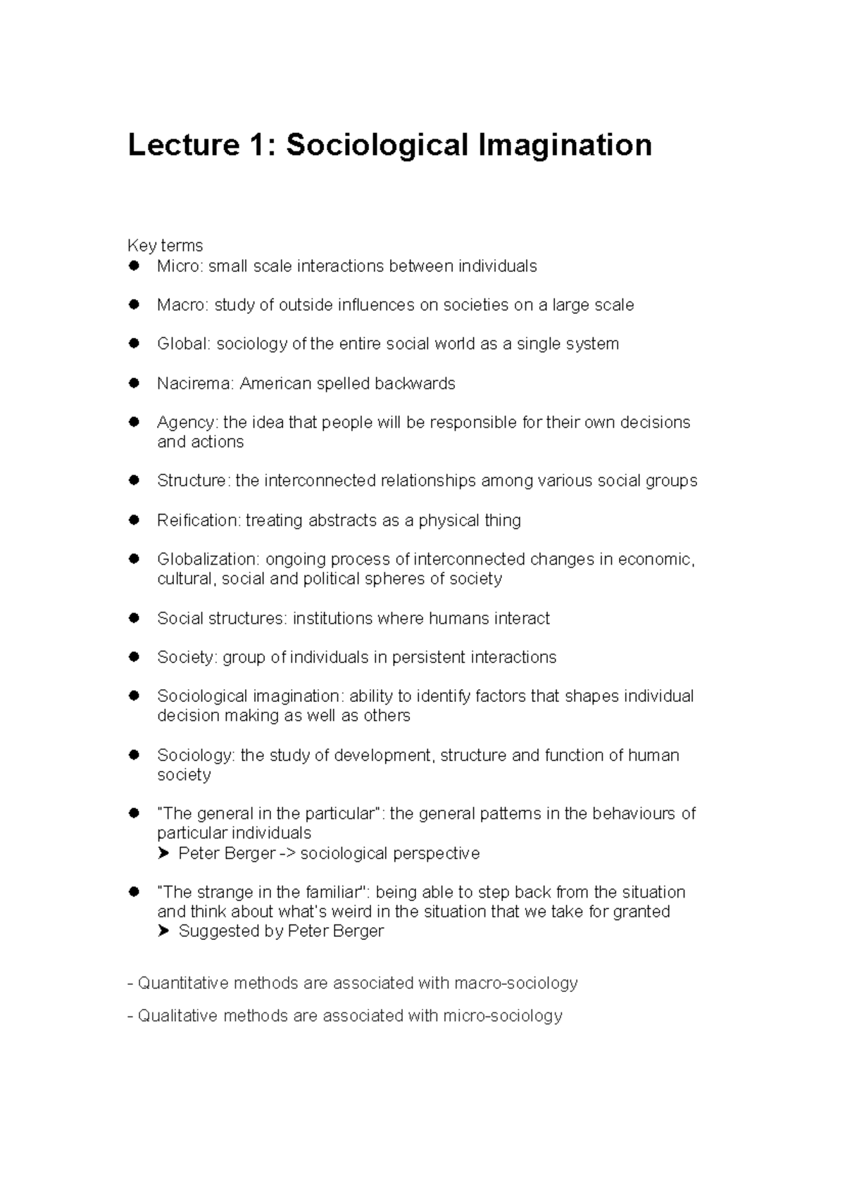 SOCA midterm review - Lecture 1: Sociological Imagination Key terms ...