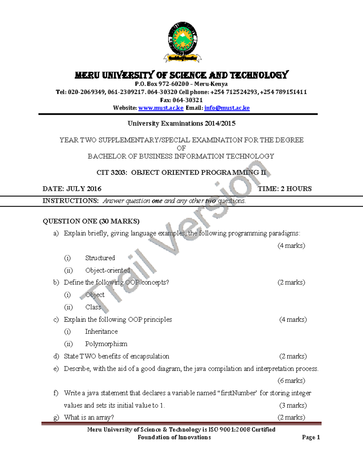 CIT 3203 Object Oriented Programming II - Meru University of Science ... CIT 3203 Object Oriented Programming II - Meru University of Science ...