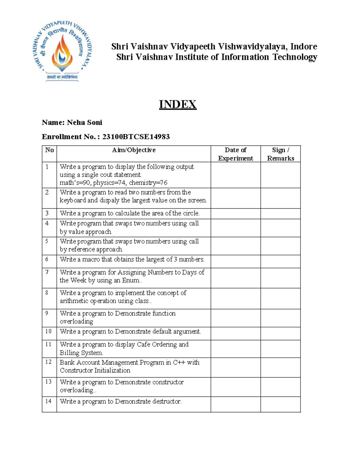 Index 2 - I want practica - Shri Vaishnav Vidyapeeth Vishwavidyalaya, Indore Shri Vaishnav ...