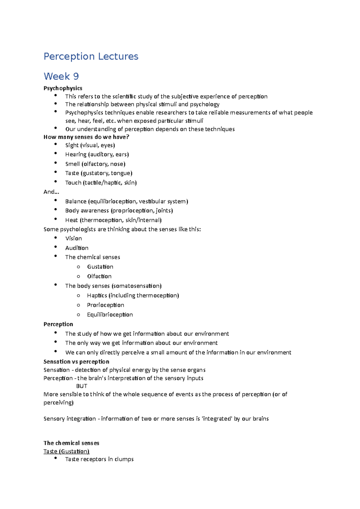 Introduction to Psychology 2 - Perception Lectures - Perception Lectures Week 9 Psychophysics ...