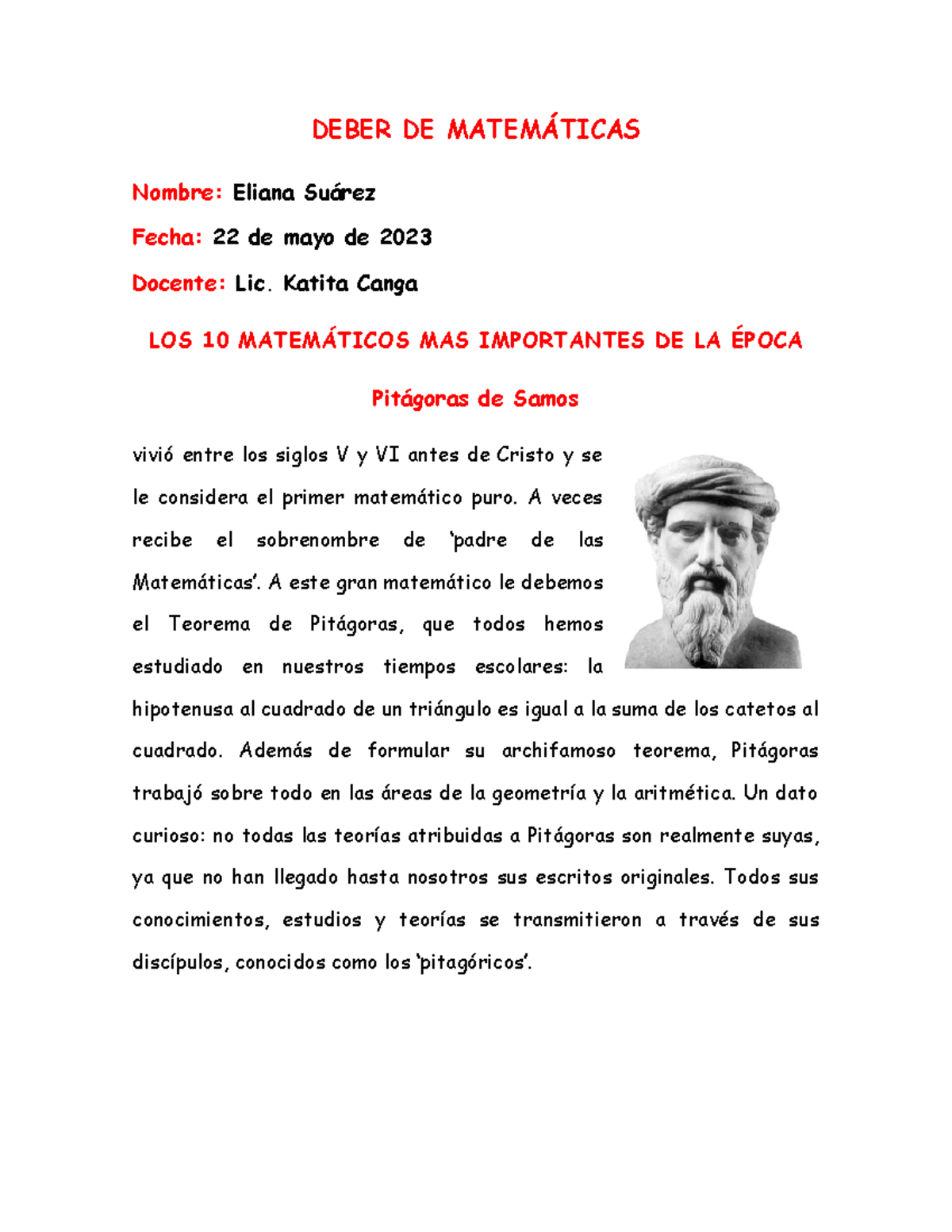 10 mejores filosofos matematicos - DEBER DE MATEMÁTICAS Nombre: Eliana ...