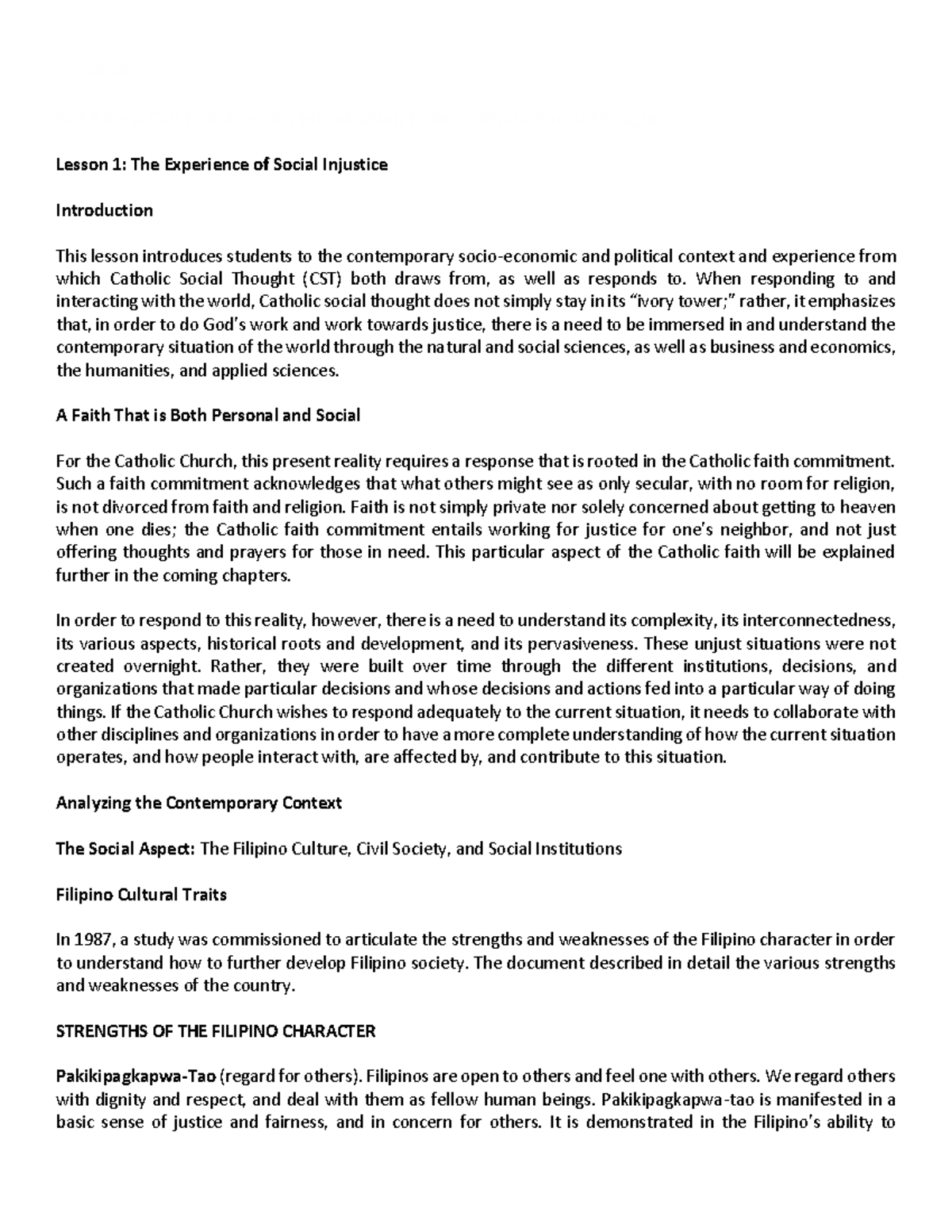 Catholic Social Teachings - Handout ReEd 4 – A Call to Action: An Introduction to the Catholic ...