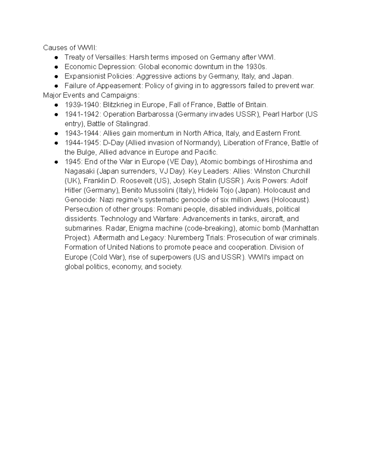 WW2 Notes - Causes of WWII: Treaty of Versailles: Harsh terms imposed ...