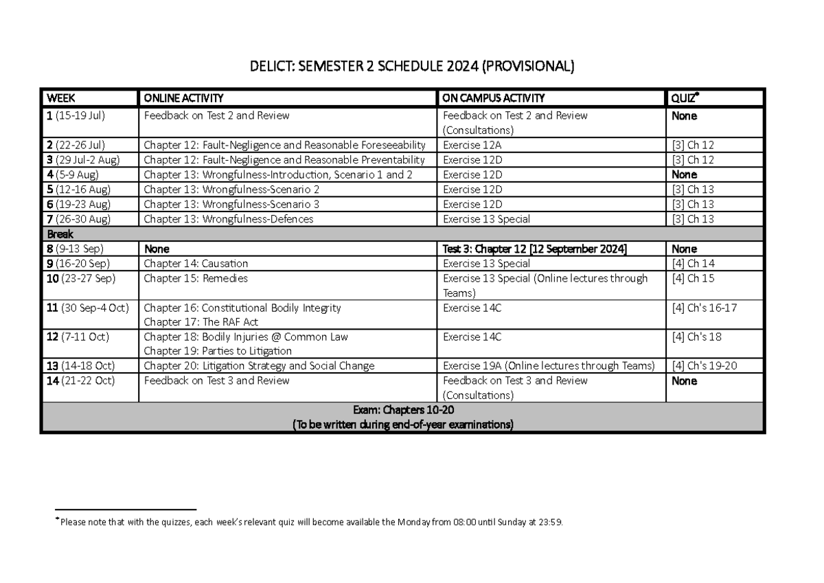 Delict Semester 2 Schedule (2024) Provisional - DELICT: SEMESTER 2 SCHEDULE 2024 (PROVISIONAL ...
