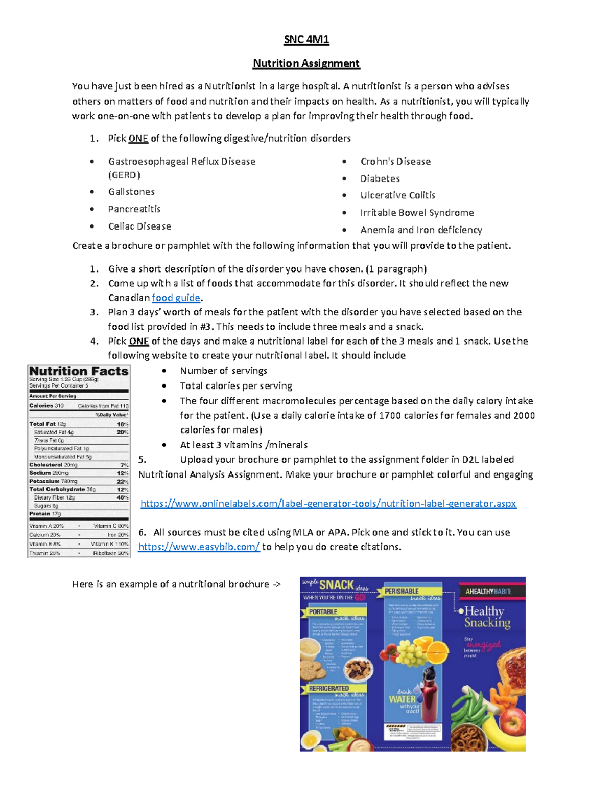 Nutrition assignment 2020-21 - SNC 4M Nutrition Assignment You have ...