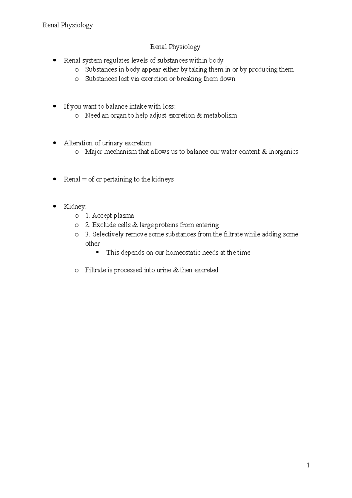 (2)Renal Physiology - Lecture notes Exam 4 - Renal Physiology Renal ...